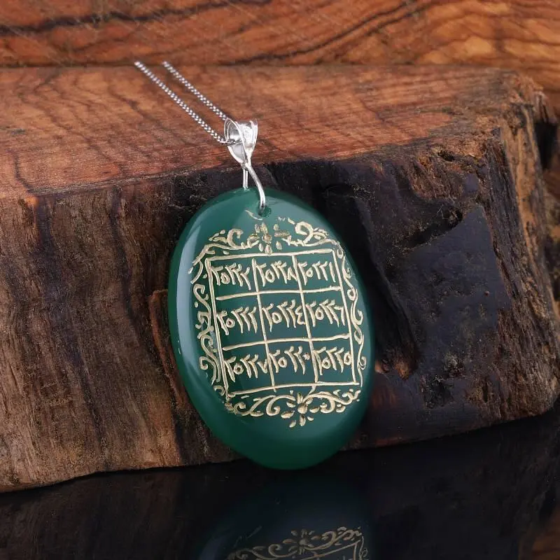 7 Ayetler Vefki Yeşil Akik Taşlı Gümüş Kolye Dualı Kolye Osmanlı Pazar