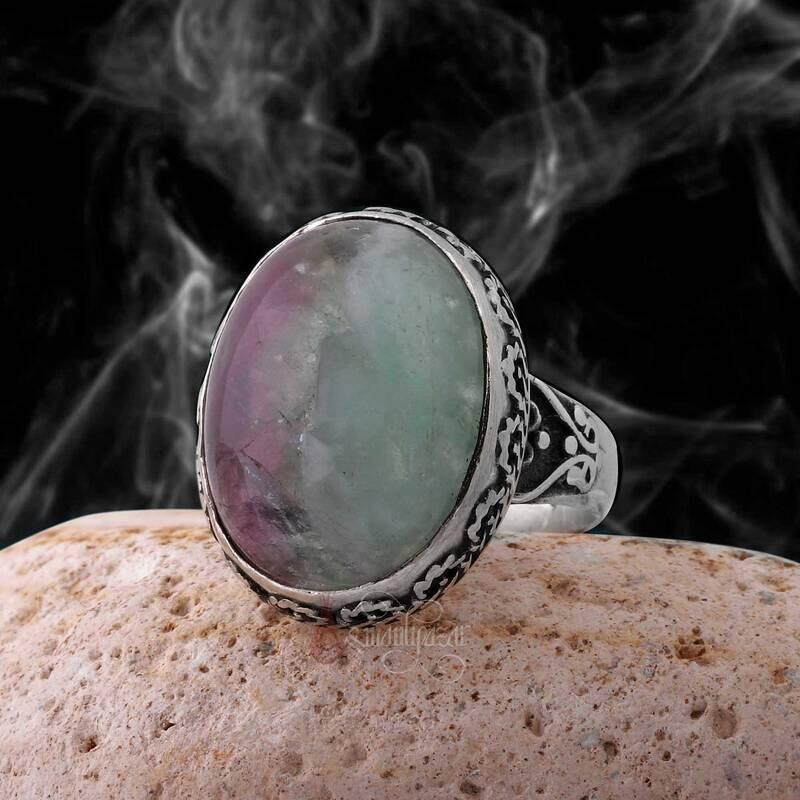 Doğal Florit Taşı 925 Ayar El İşçilikli Gümüş Yüzük Bayan Doğal Taş ...