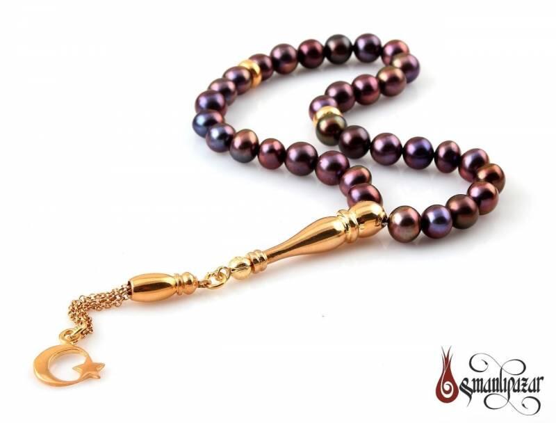 Doğal Siyah İnci Tesbih ALTIN KAPLAMA İMAME VE PÜSKÜLLÜ Doğal İnci ...