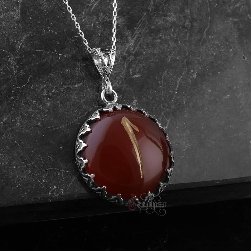 Elif Harfi Yazılı Kırmızı Akik Taşı Gümüş Kolye Dualı Kolye Osmanlı Pazar