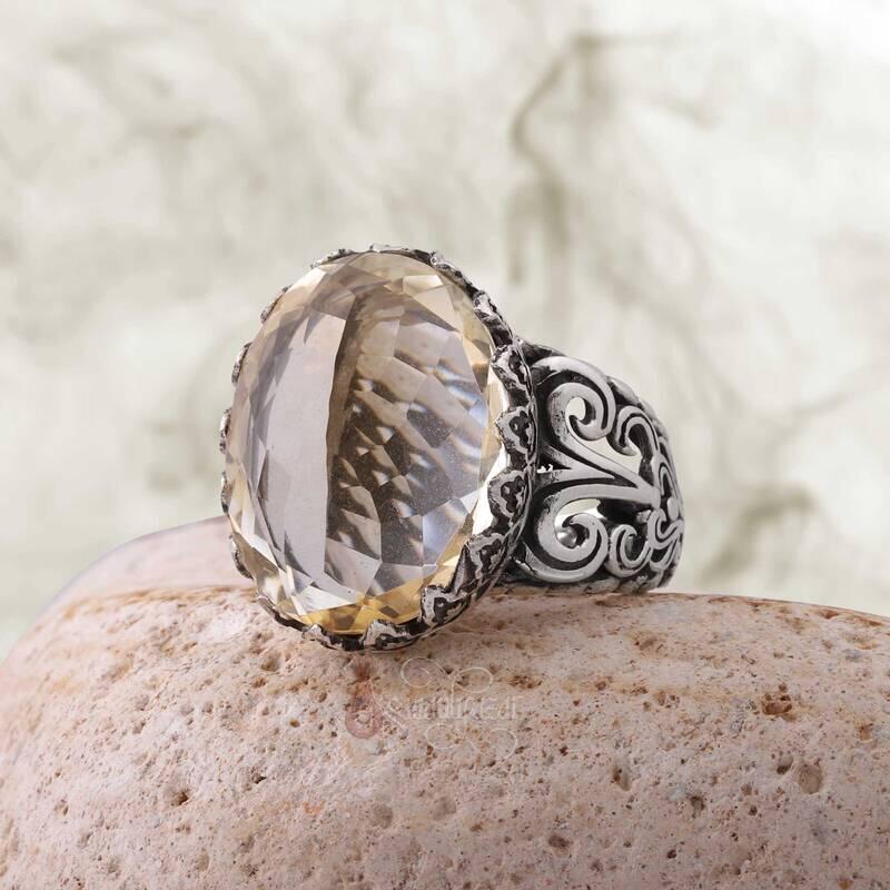 Fasetli Sitrin Taşı 925 Ayar Gümüş El İşçiliği Yüzük Orijinal Sitrin ...