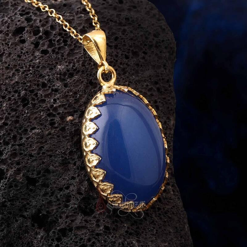 Mavi Akik Taşı Altın Kaplama Oval Tırnaklı Gümüş Kolye Doğal Taş Kolye ...