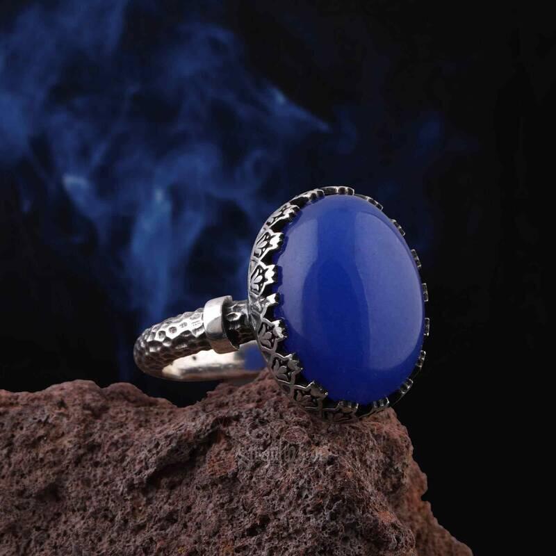 Mavi Akik Taşlı 925 Ayar Gümüş İnce Kollu Kasa Bay- Bayan Yüzük Bayan ...