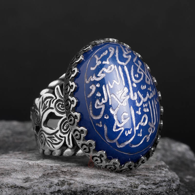 Salavati Şerif Elde Yazma Mavi Akik Taşlı Gümüş Yüzük